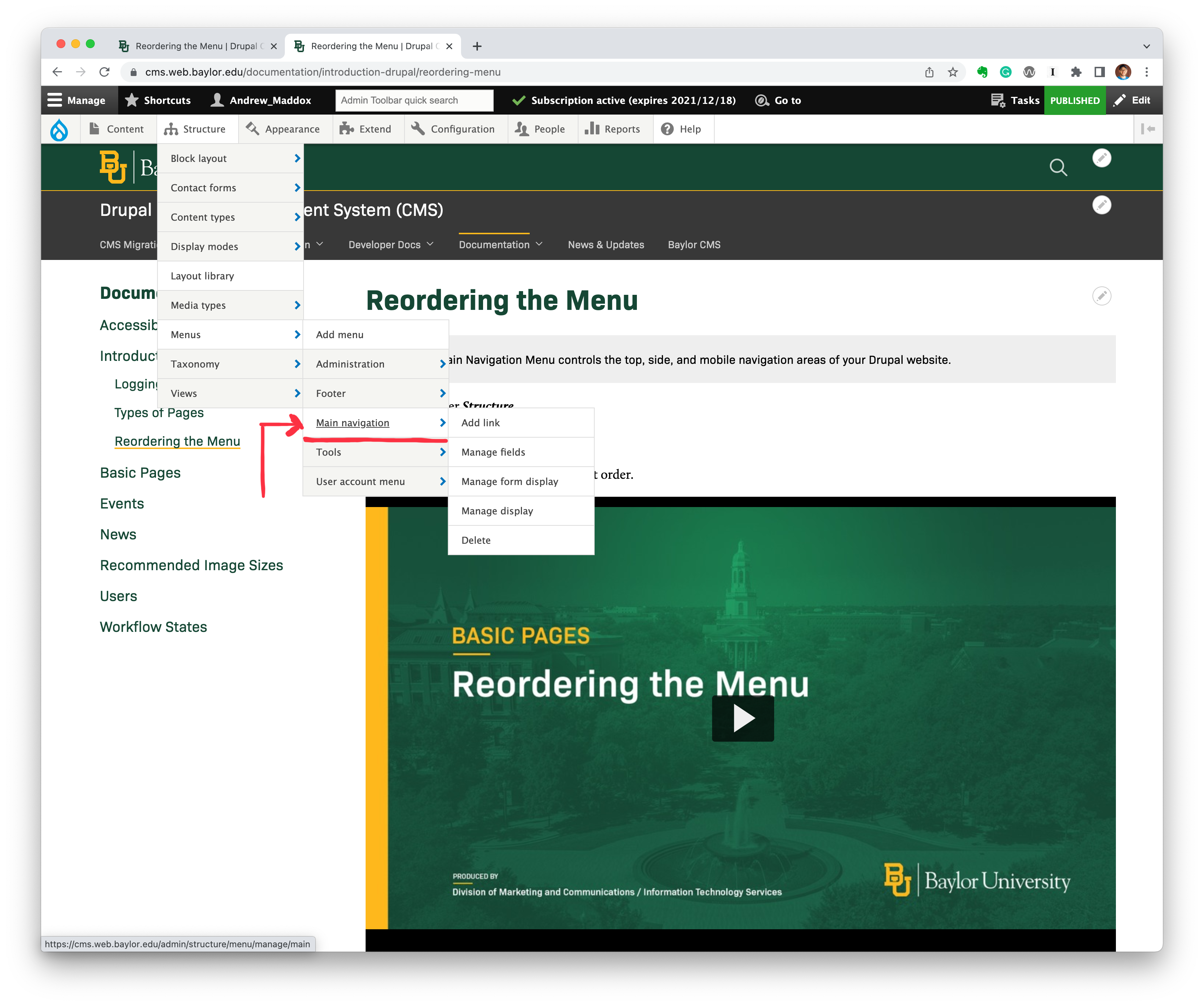 Reordering the Menu | Drupal Content Management System (CMS) | Baylor University